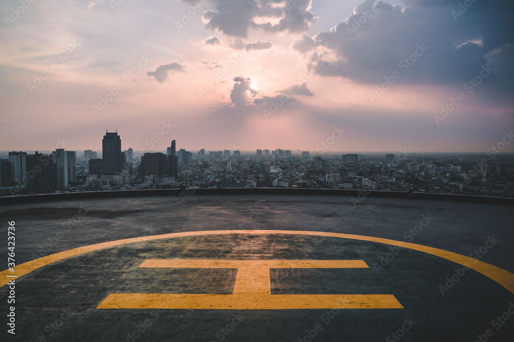 Helipad sunset Bangkok, Thailand, rooftop helicopter, top of the ...