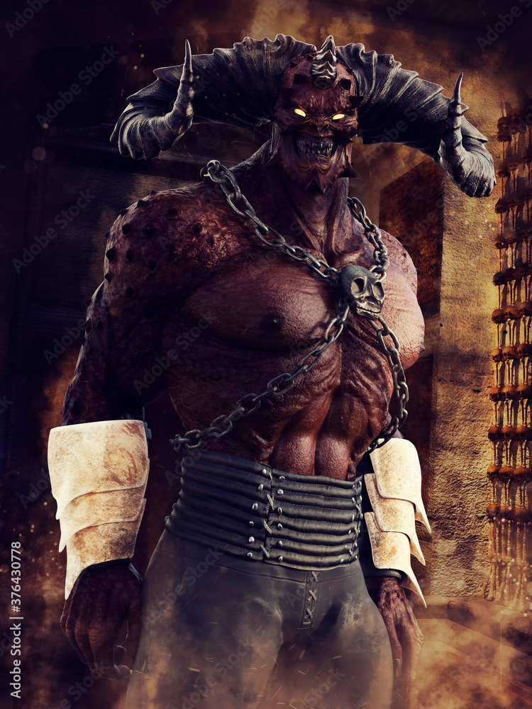 Fantasy devil with big curved horns, chains and an armor, standing in a ...