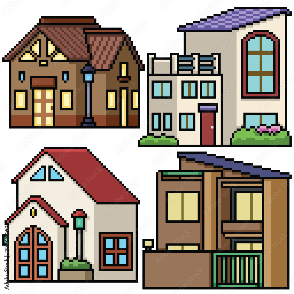 pixel art set isolated modern house เวกเตอร์สต็อก | Adobe Stock