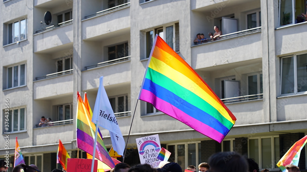 LGBT equality march or pride parade. Young people wearing rainbow ...
