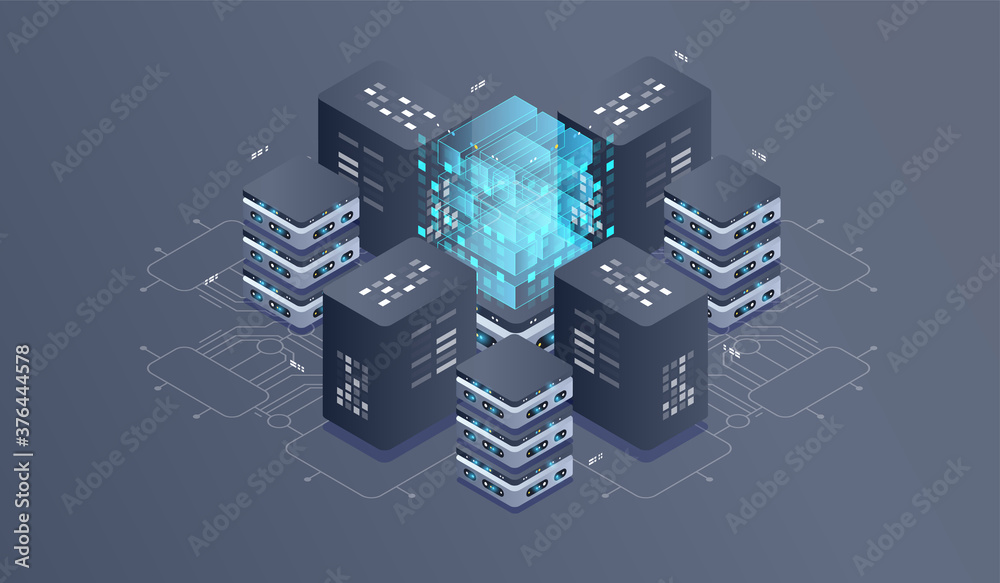Technology isometric infographic design for quantum computer. Blockchain server concept, server ...