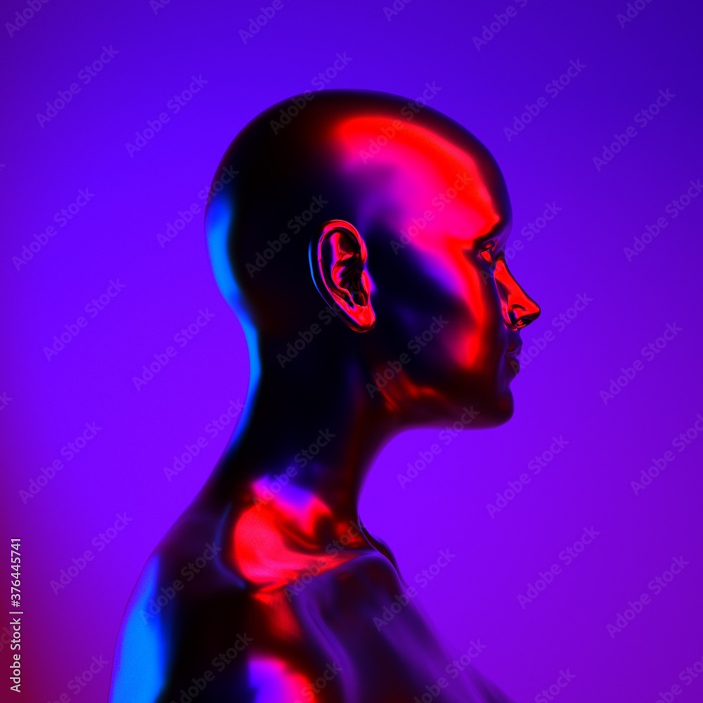 Robot or Artificial Human made of black plastic material in neon lights ...