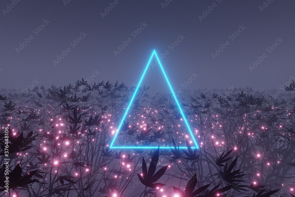abstract Glowing triangle Sparkles on alien planet landscape forest 3d ...