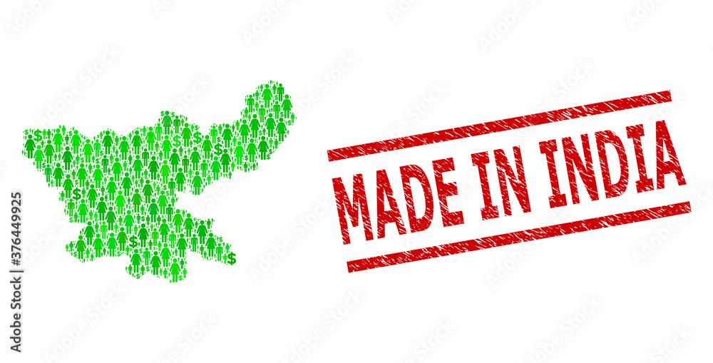 Green dollar and clients mosaic map of Jharkhand State and grunge seal ...