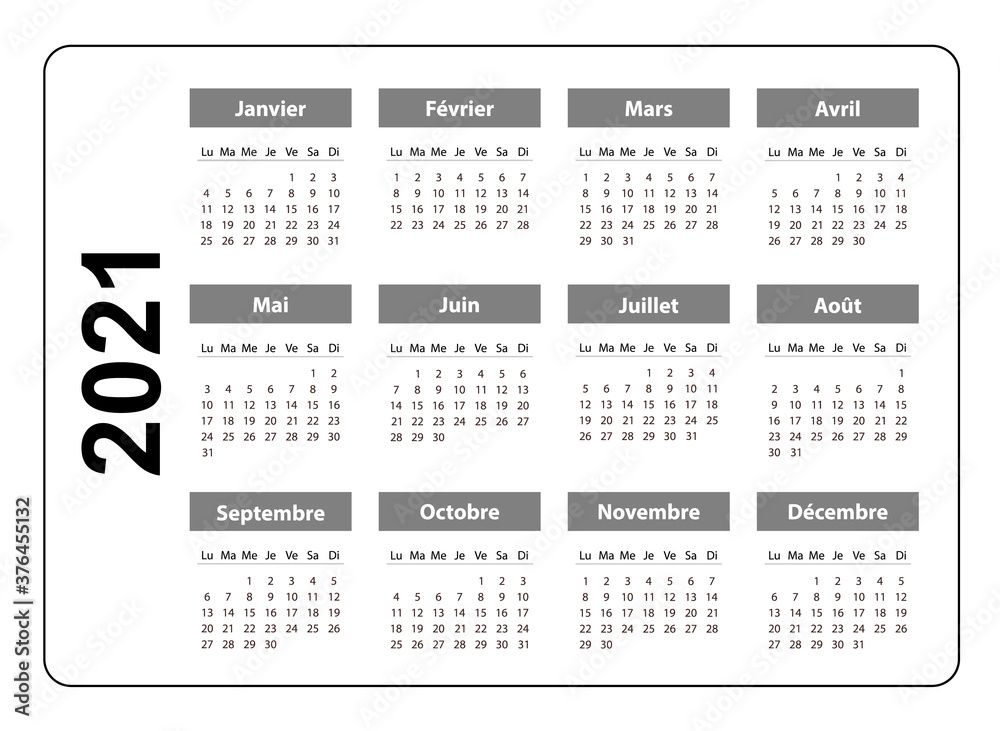 Horizontal pocket calendar on 2021 year, French. Week starts from ...