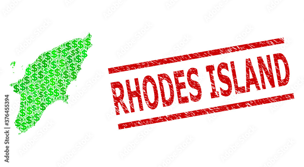 Green dollar and clients mosaic map of Rhodes Island and scratched seal ...