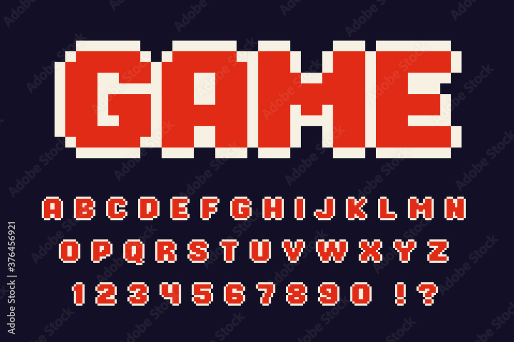 Pixel red retro font with stroke Video computer game design 8 bit letters and numbers Vector ...