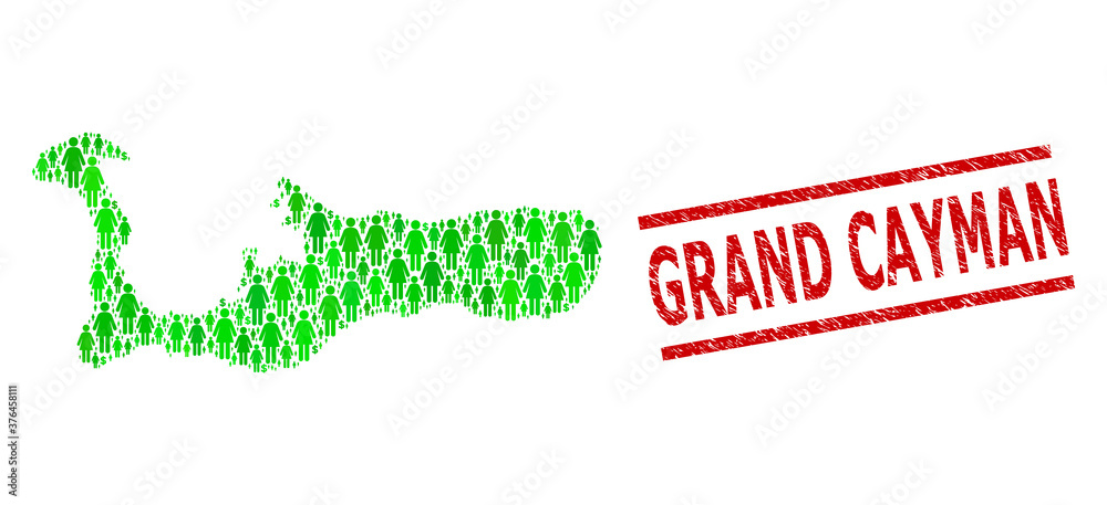 Green dollar and clients mosaic map of Grand Cayman Island and corroded ...