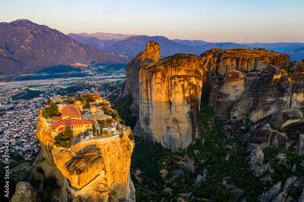 Aerial by drone of the Holy Monastery of Holy Trinity at sunrise ...