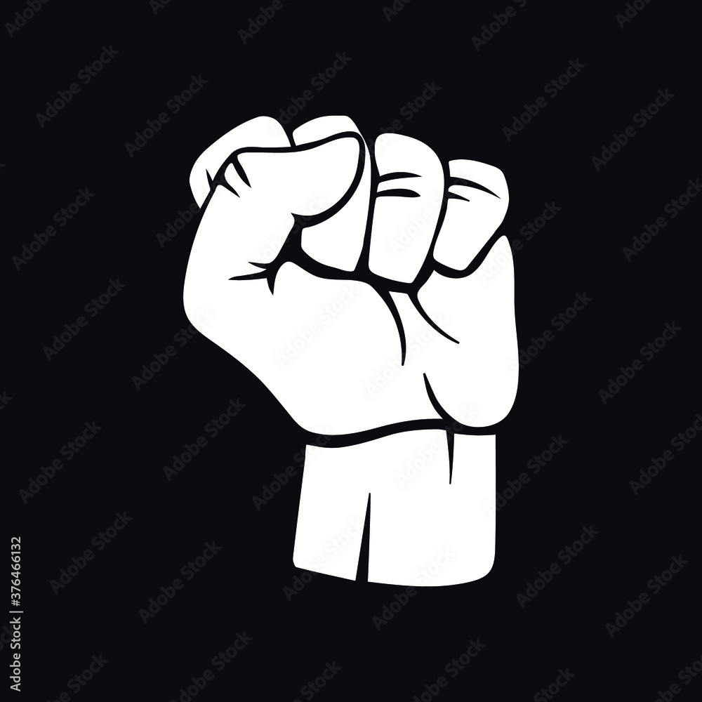 White silhouette of a male rising fist on a black background with white ...