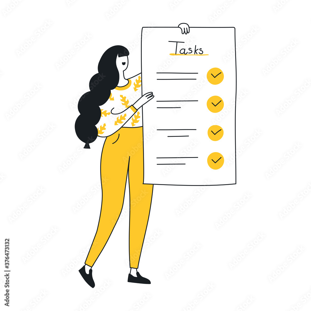 Cute cartoon woman holding a long to-do list or shopping list with ...