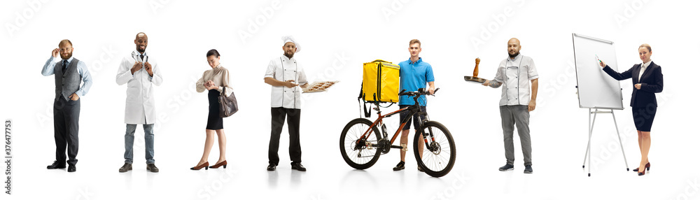 Group of people with different professions on white studio background ...