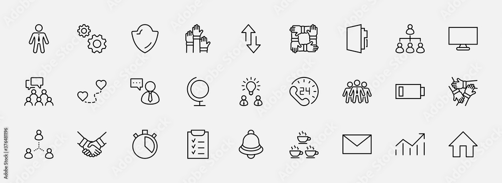 Set of Team Work Related Vector Line Icons. Contains such Icons as Handshake, Check, Idea ...