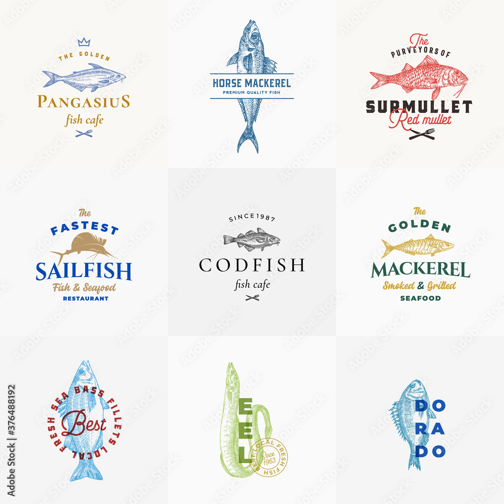 Premium Quality Seafood Vector Signs or Logo Templates Collection. Hand ...