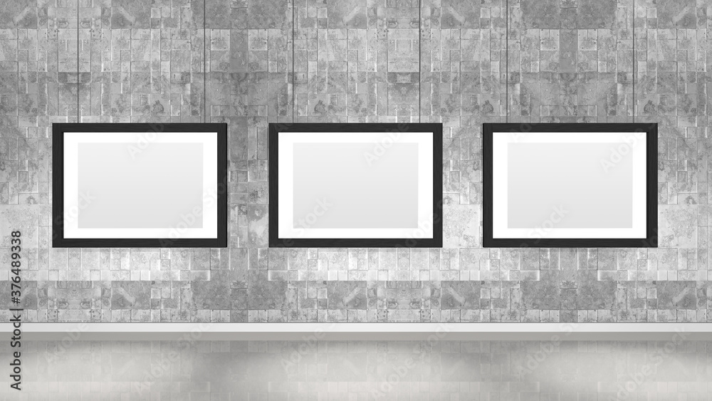 Art museum wall with three horizontal frames. Industrial style modern ...