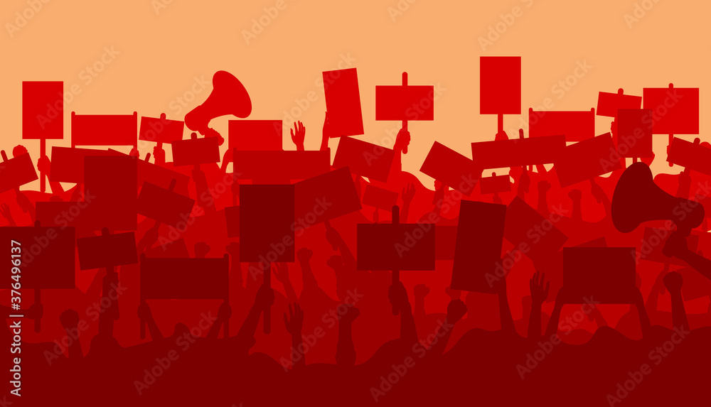 Poster Silhouette of cheering or riot protesting crowd with banners ...