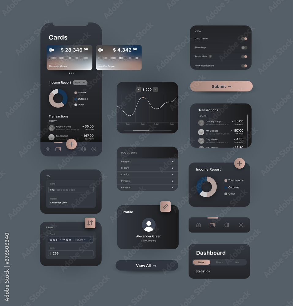 User interface design elements, widgets for online banking mobile ...