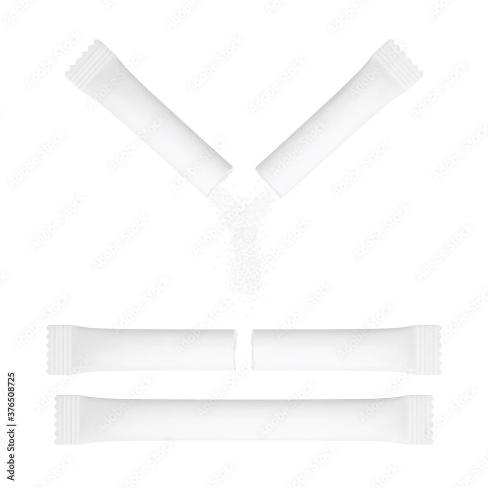 Realistic white paper sachet bag. Torn package mockup with falling ...