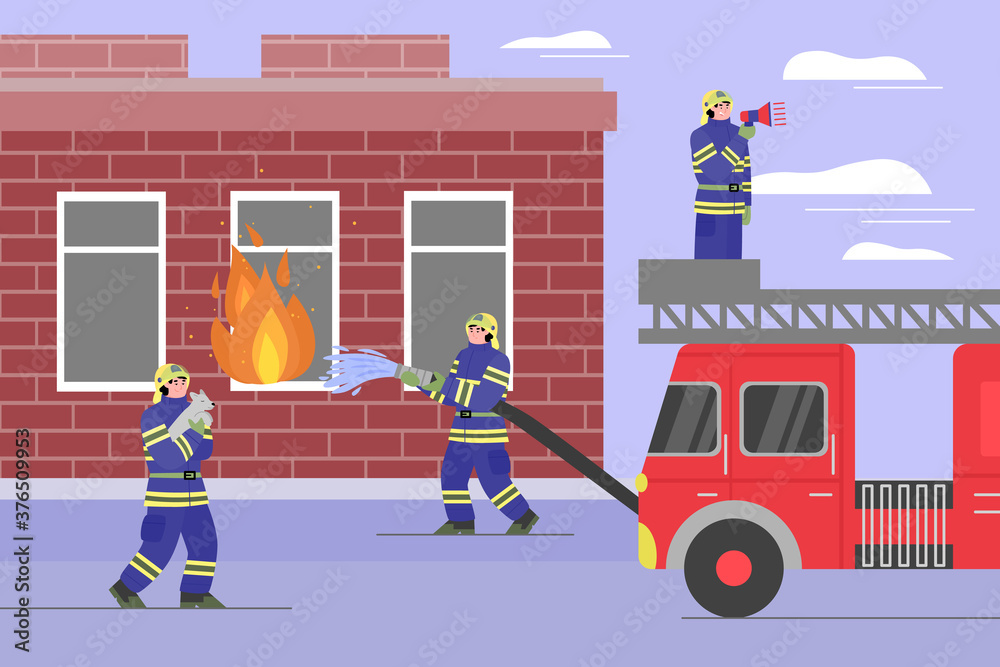 Professional firefighters work fighting fire in city building using ...