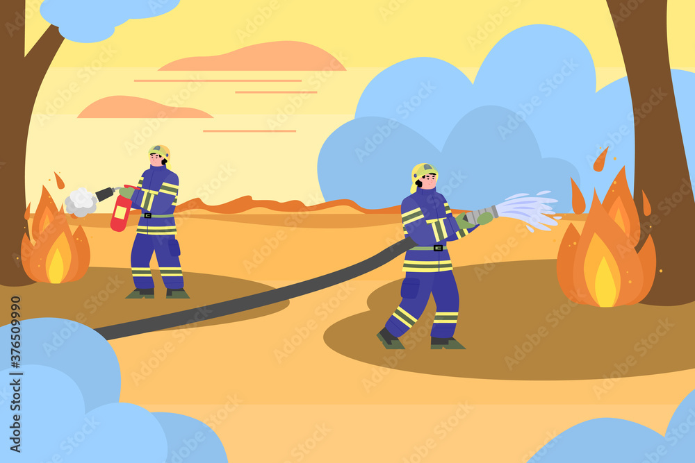 Professional crew of firemen fighting fire in wildland forest using ...