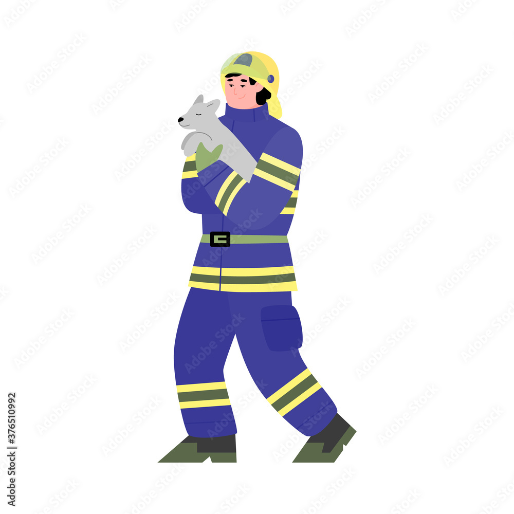 Firefighter rescuing wild animals, flat cartoon vector illustration ...