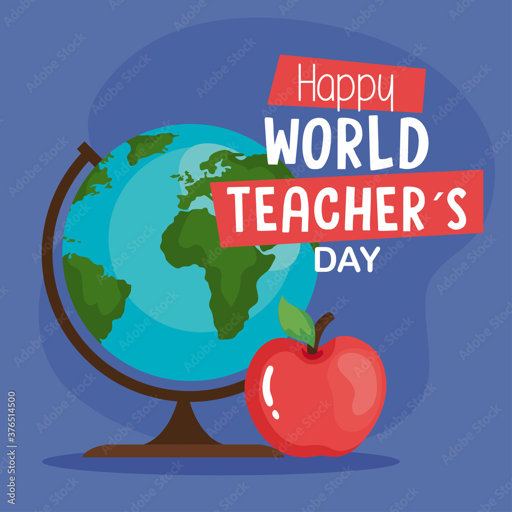 happy world teachers day, with globe earth and apple fruit vector ...