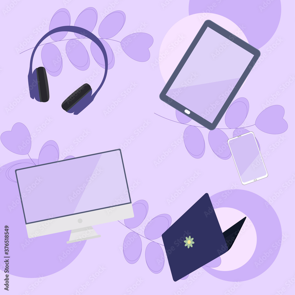 Set of mobile portable device on purple background. Wireless headphones ...