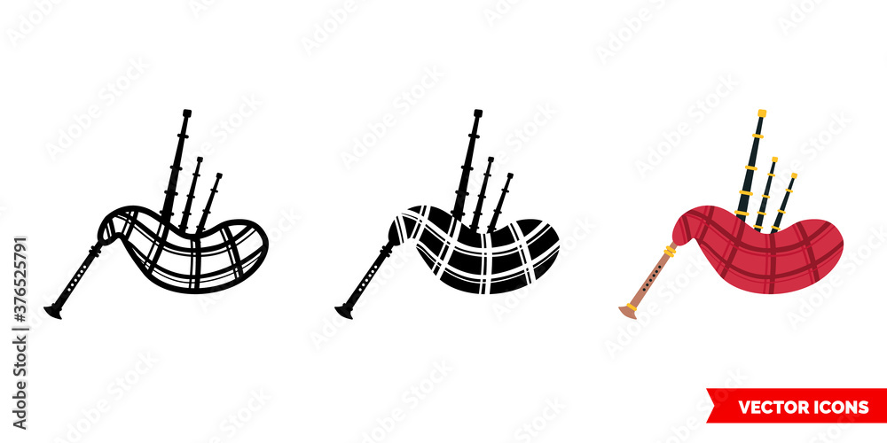 Bagpipe icon of 3 types color, black and white, outline. Isolated ...