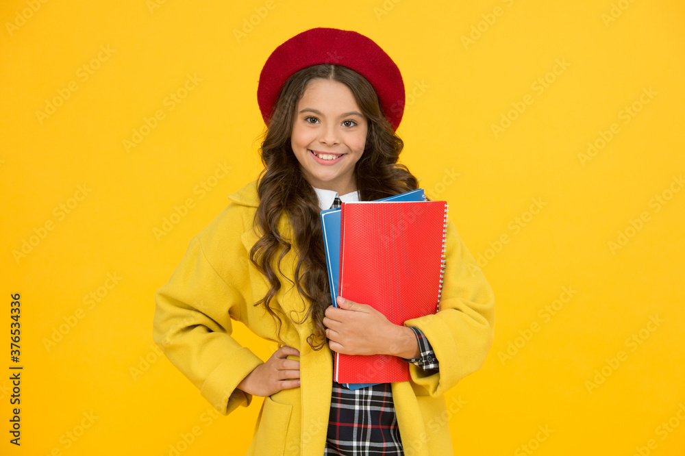 diligent student. retro girl wear uniform and parisian beret. kid ...