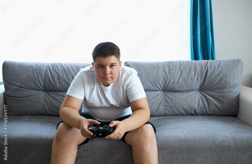 fat caucasian teenager boy enjoys video games, overweight boy sits on ...