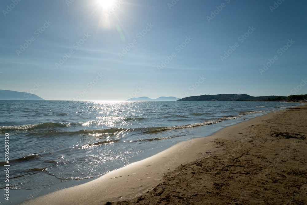 View of the beach on zvernec. On the horizon is the Peninsula of ...