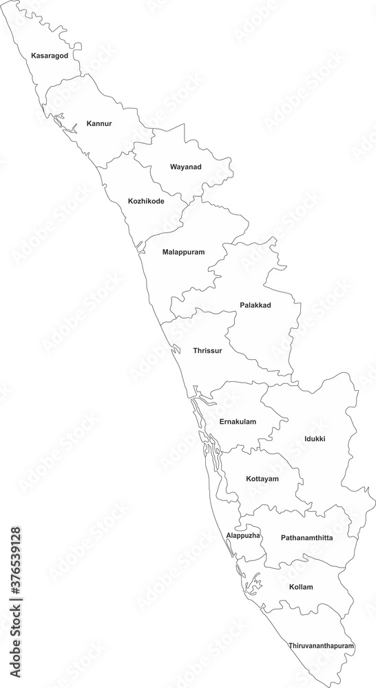 Kerala political map with name labels. White background. Stock Vector ...