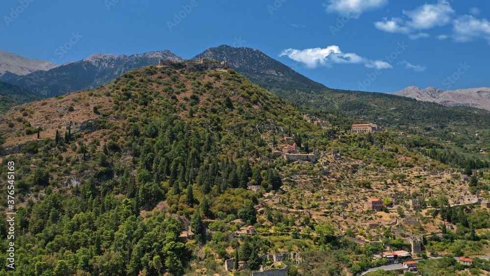Aerial drone photo of medieval byzantine old city of Mystras featuring ...