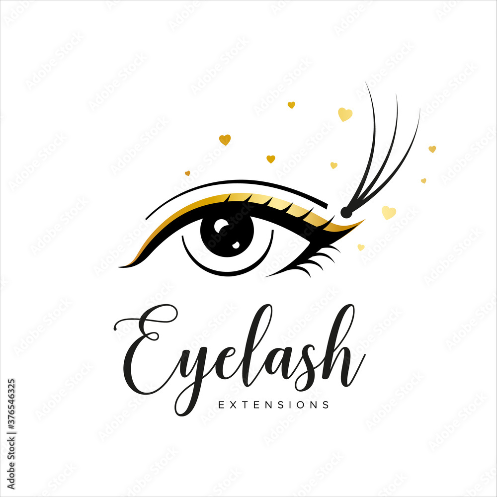 Eyelash extension logo. Makeup with gold glitter and a bunch of lashes ...
