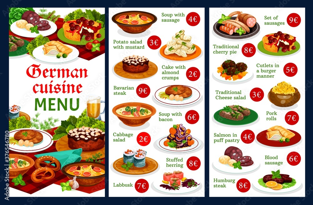 German food restaurant menu template. German cuisine meals with pork ...