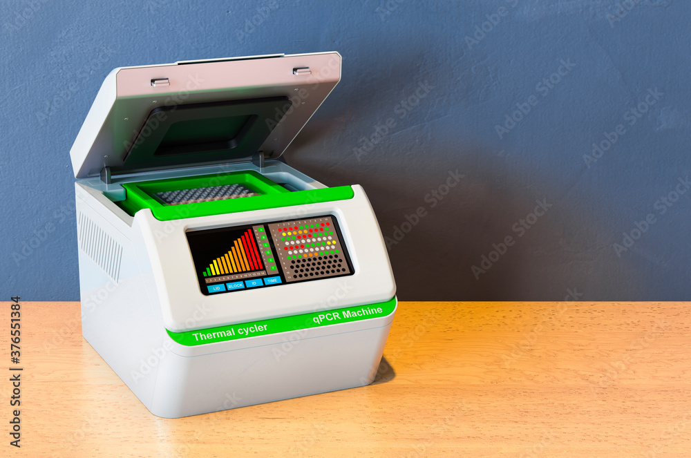 PCR Thermal Cycler on the wooden table. 3D rendering Stock Illustration ...
