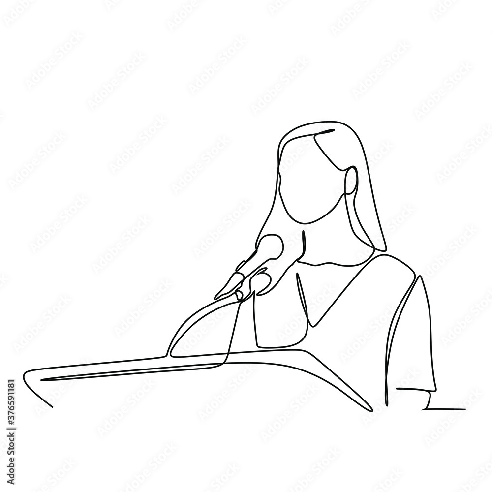 A young woman giving speech. Continuous single line illustration ...