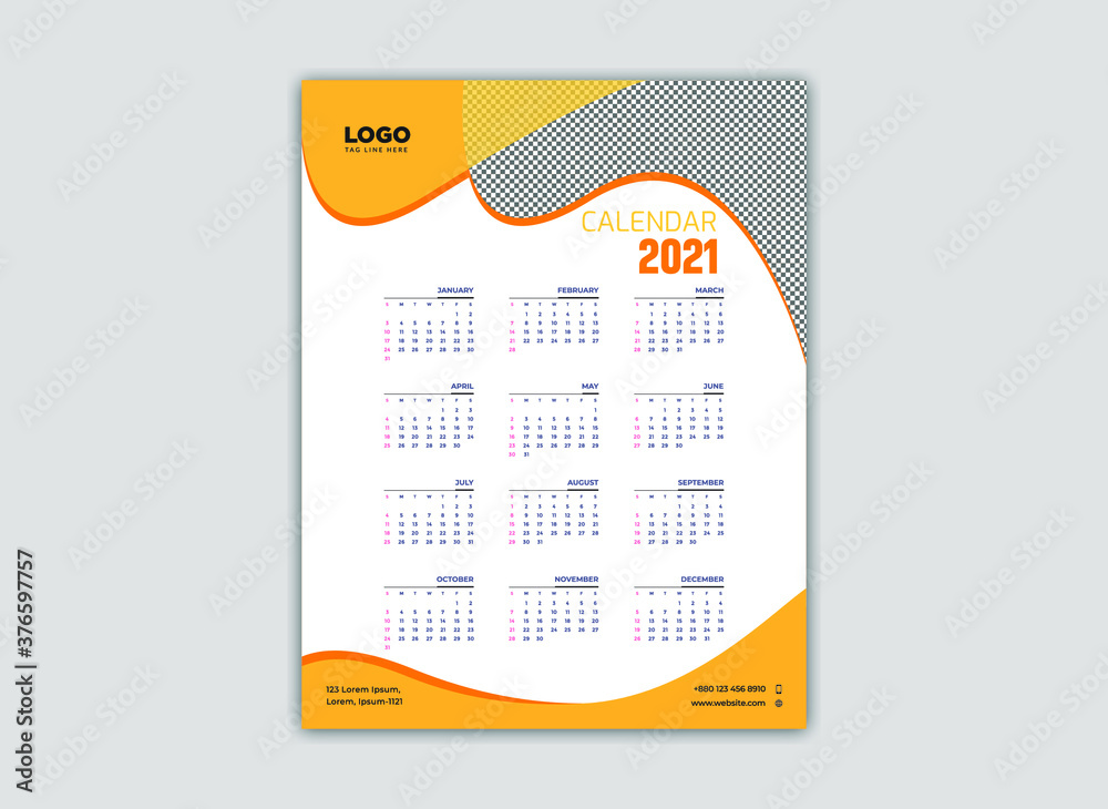 2021 Yellow Color Calendar Design Stock Vector | Adobe Stock