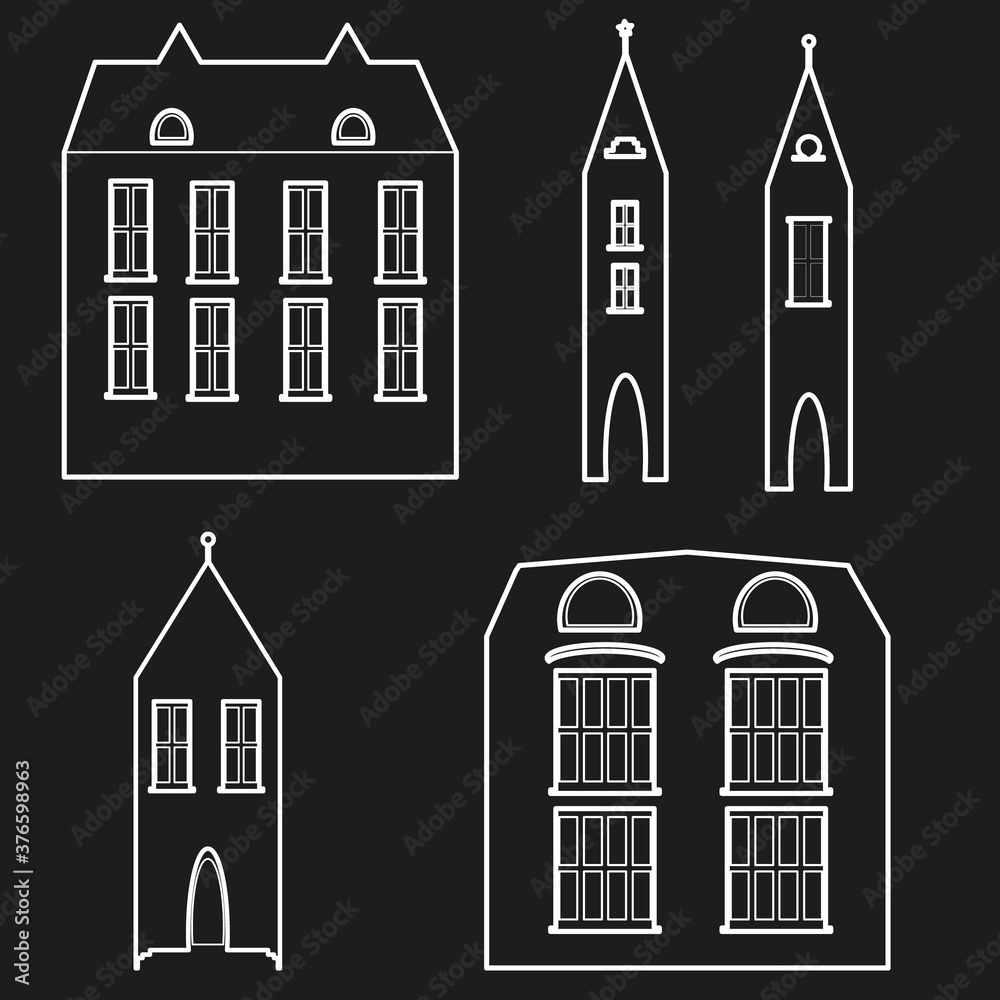 Sketch collection with white house building outline on black background ...