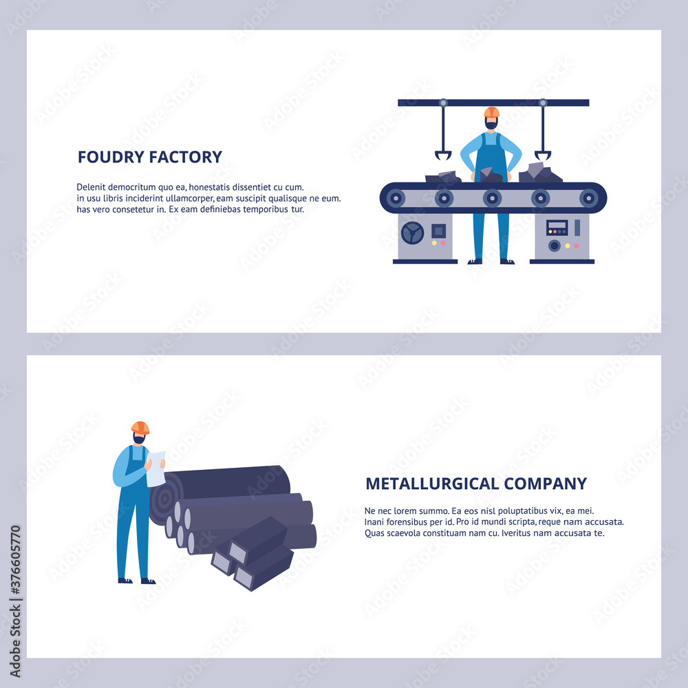 Foundry factory and metallurgical company banner set flat vector ...
