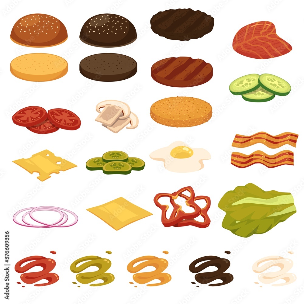 Big set of burgers ingredients and toppings, flat vector illustration ...