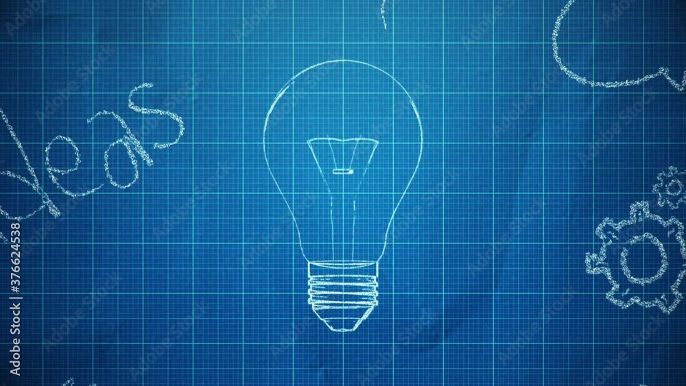 Abstract background with animation of blueprint drawing lamp bulb as ...