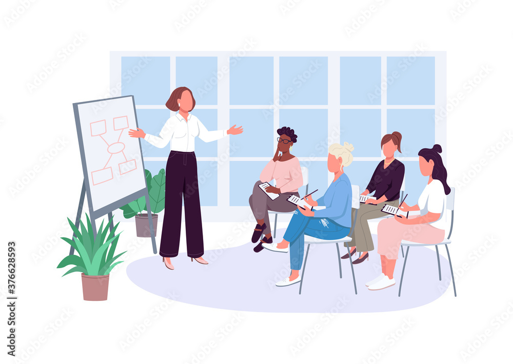 Girl office meeting flat color vector faceless characters. Leadership ...