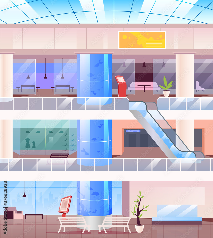 Vettoriale Stock Inside shopping mall flat color vector illustration ...