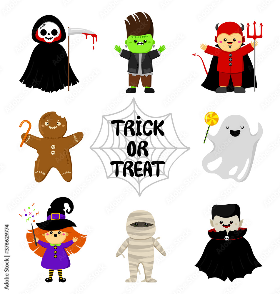 Cute Halloween characters in cartoon style. Set. Trick or treat. Vector ...