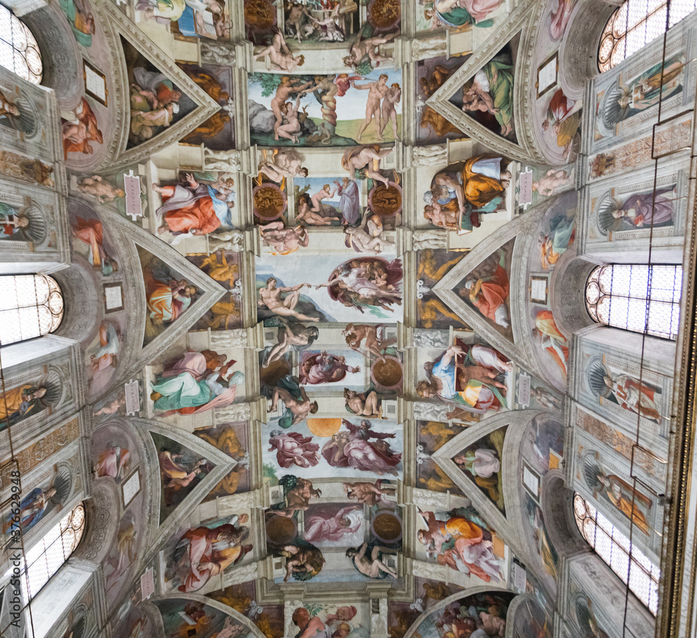 Interior of the Sistine Chapel painted by Michelangelo in Vatican City ...