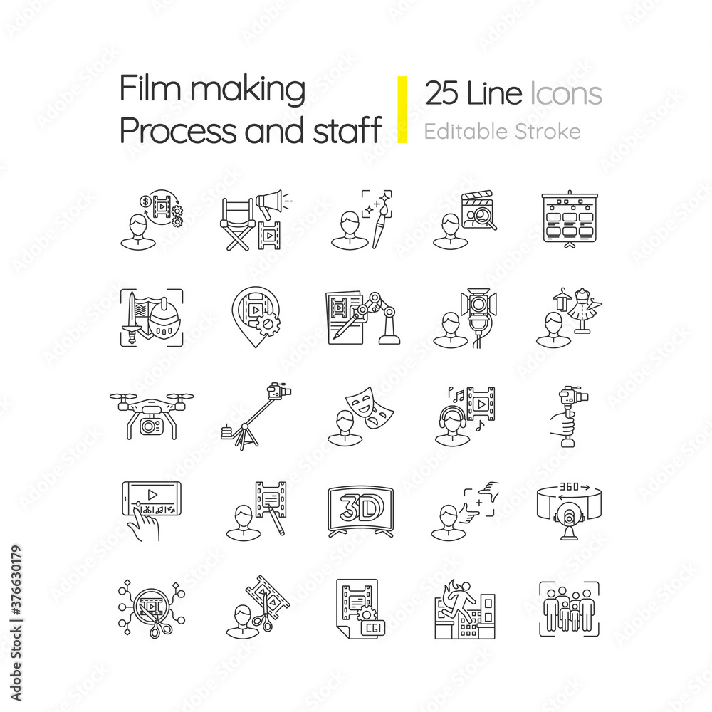 Film making process and staff linear icons set. Art director. AI ...