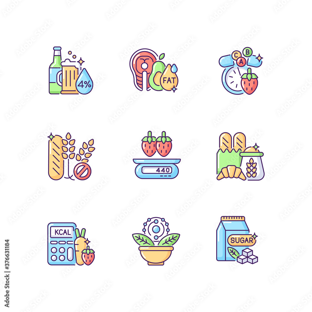 Foodstuff for nourishment RGB color icons set. Alcohol drink. Good fats ...