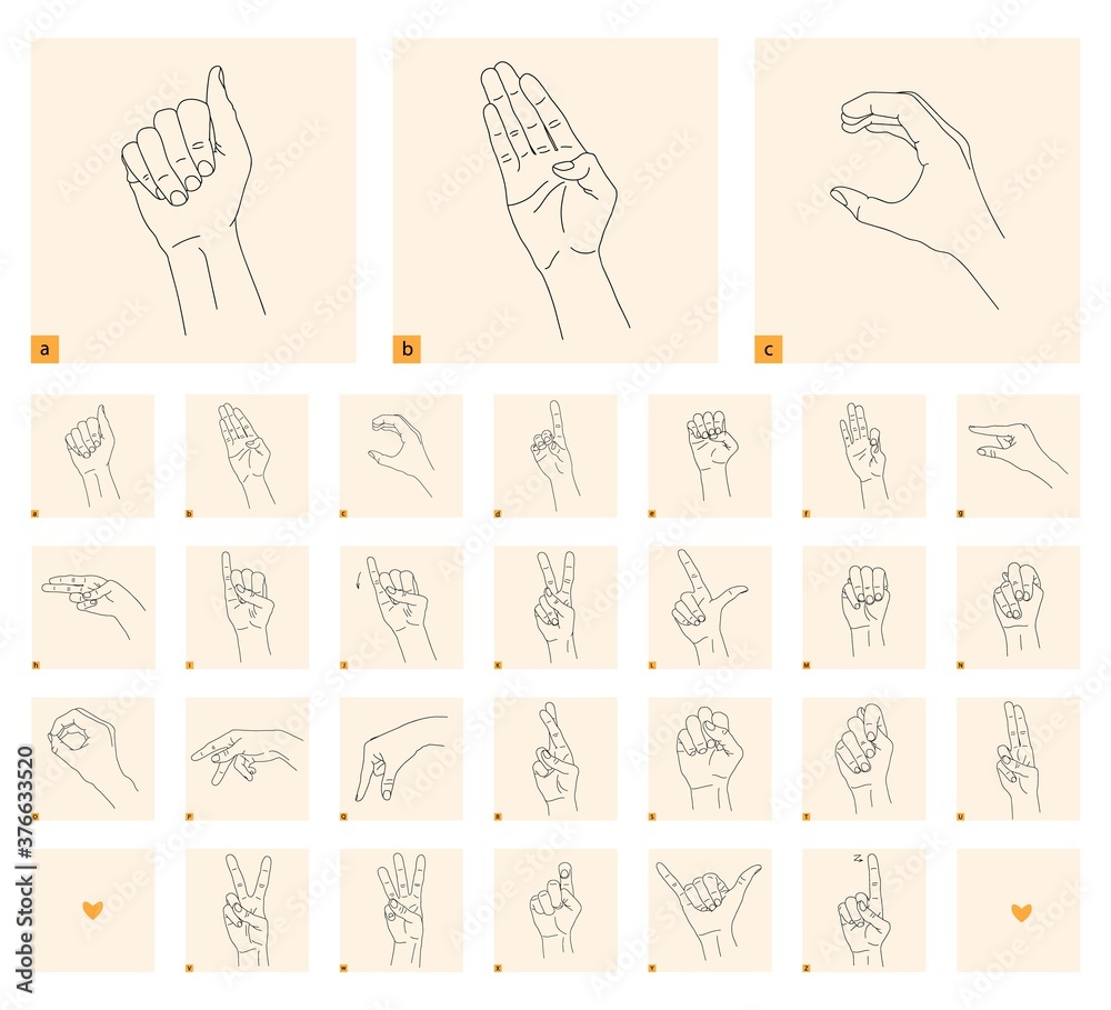 A set of isolated gestures for the deaf and dumb. Black linear drawing ...