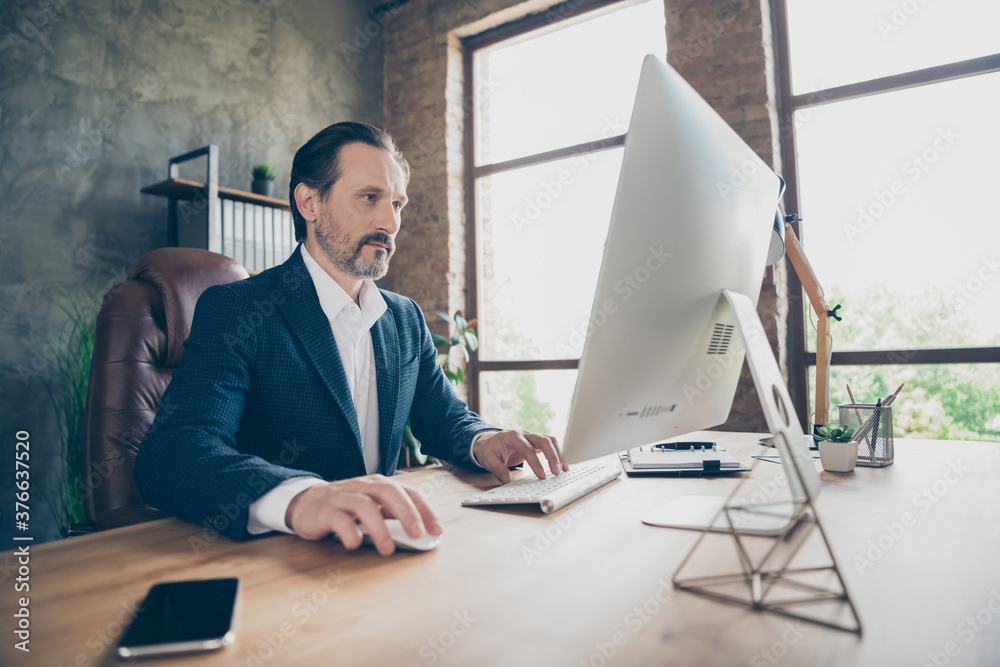 Profile side view portrait of his he nice handsome focused skilled man ...